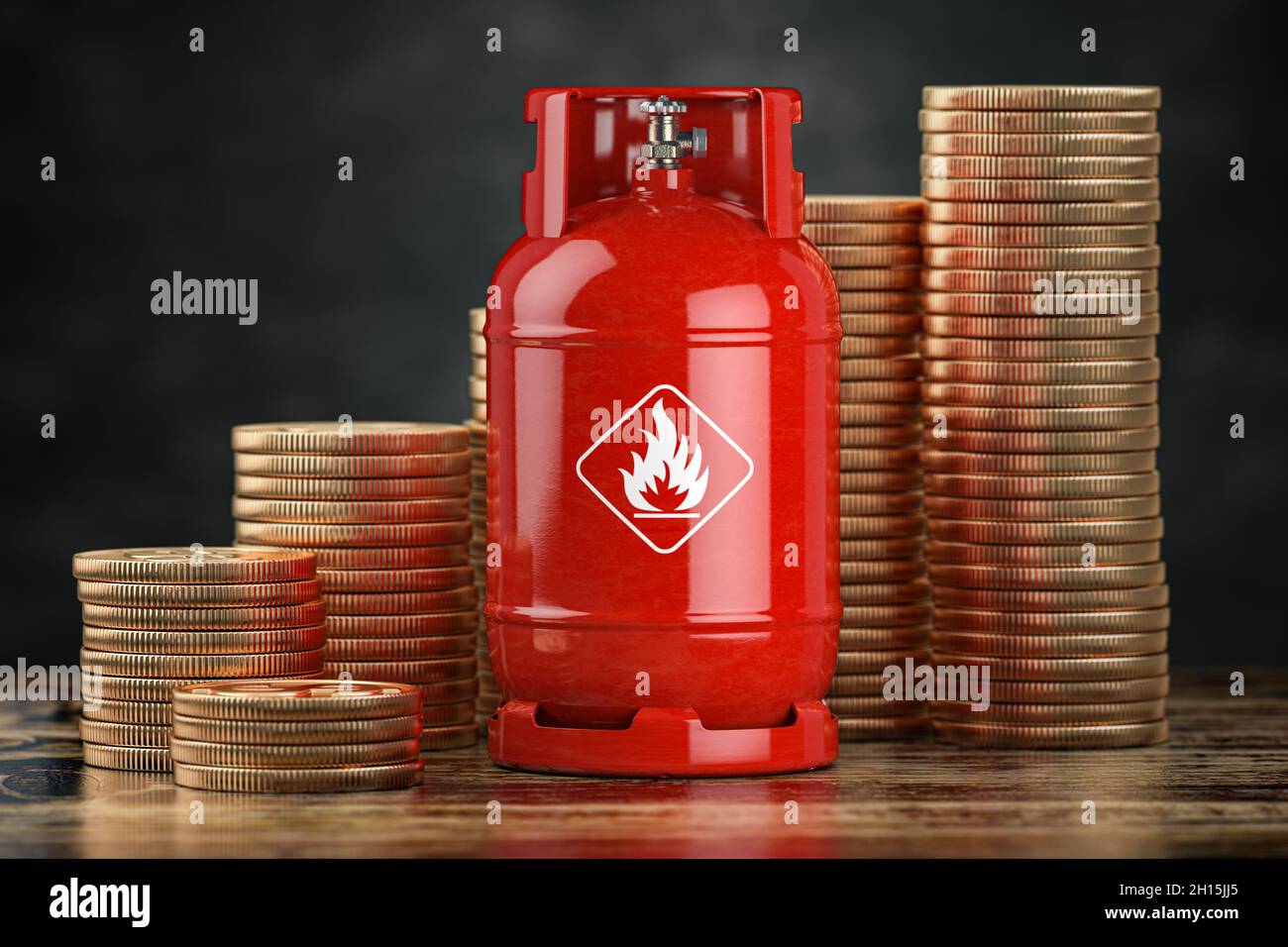 Gas bottle and stack of coins. Growth of price of LPG propane gas ...