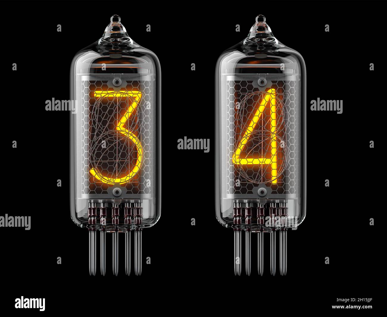 Nixie tube indicator. Number 3 three and 4 four on black background. 3d ...