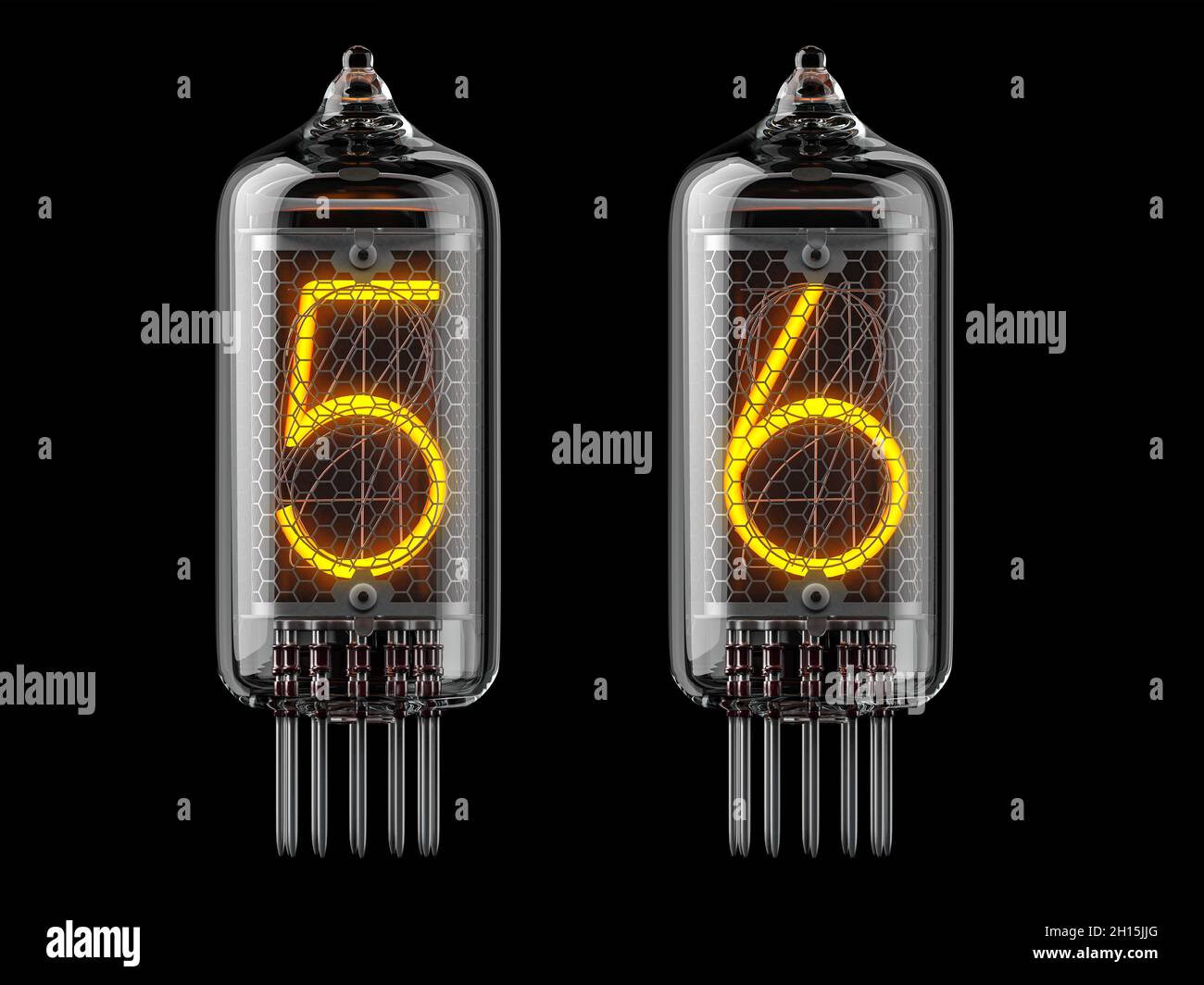 Nixie tube indicator. Number 5 five and 6 six on black background. 3d ...