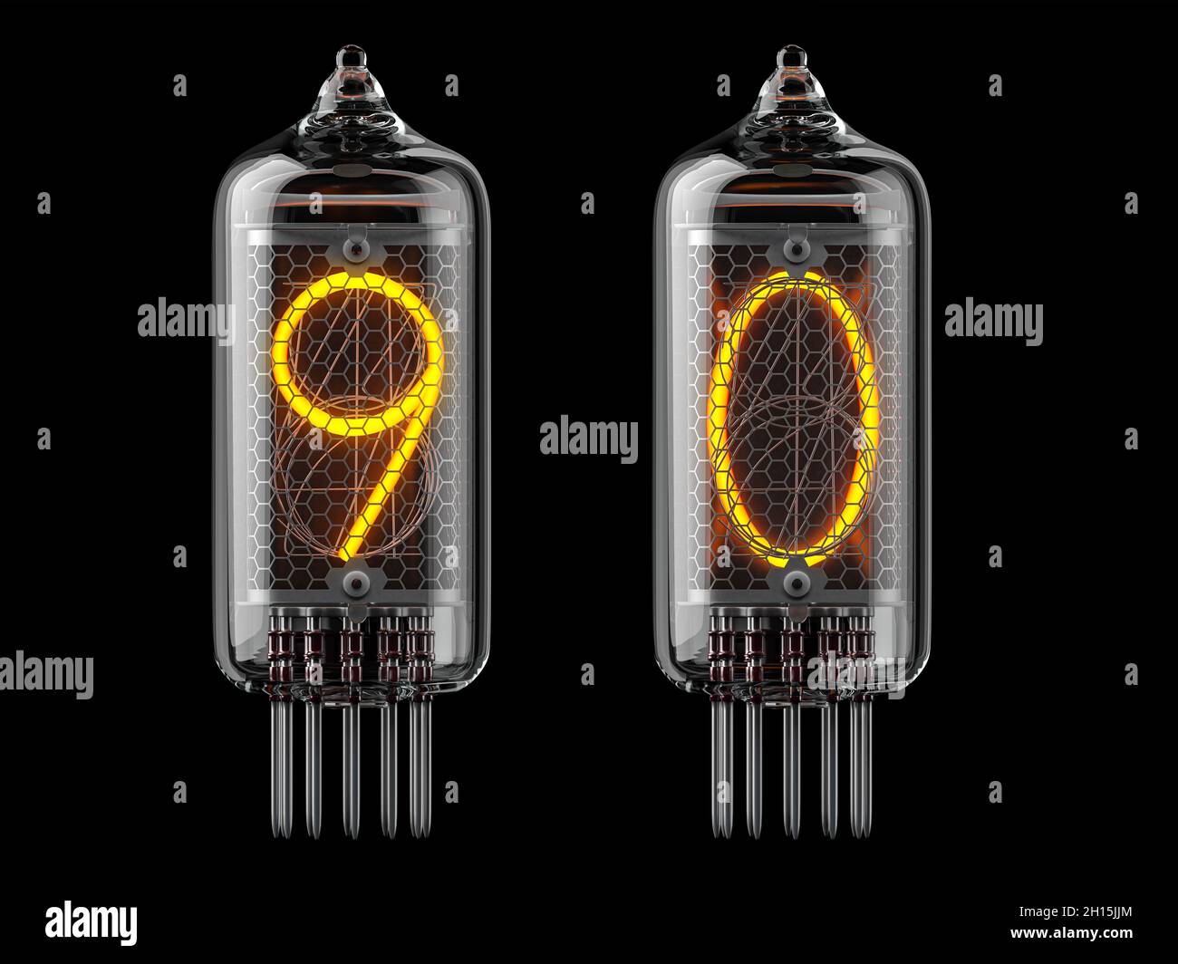 Nixie tube indicator. Number 9 nine and 0 zero on black background. 3d ...