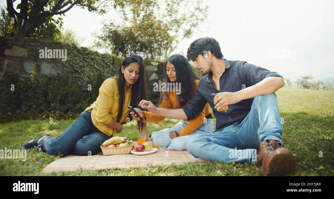Indian friends having a picnic in a garden surrounded by trees Stock ...