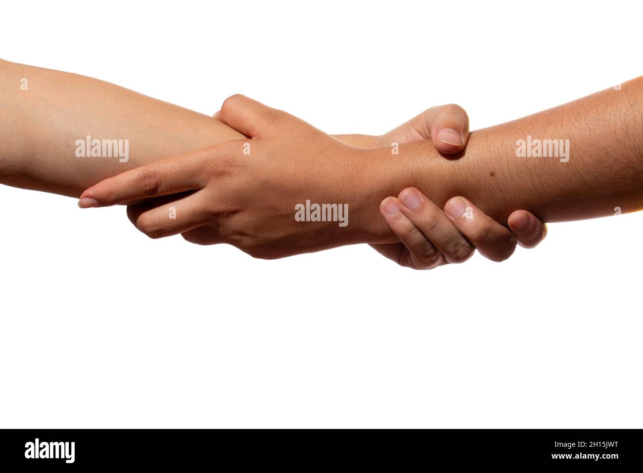 Two hands holding from the forearm, isolated on white background ...