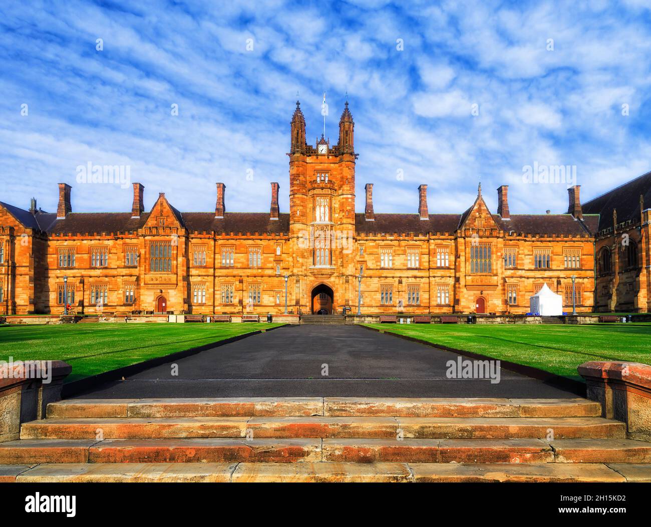 Steps and road to the central entrance to historic heritage gothic ...