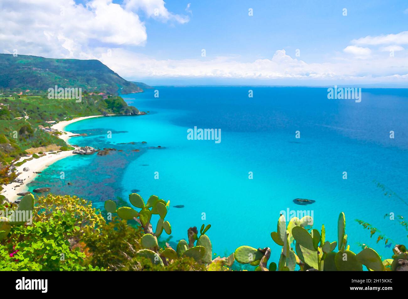 Watercolor drawing of Cape Capo Vaticano Ricadi aerial view from cliffs ...