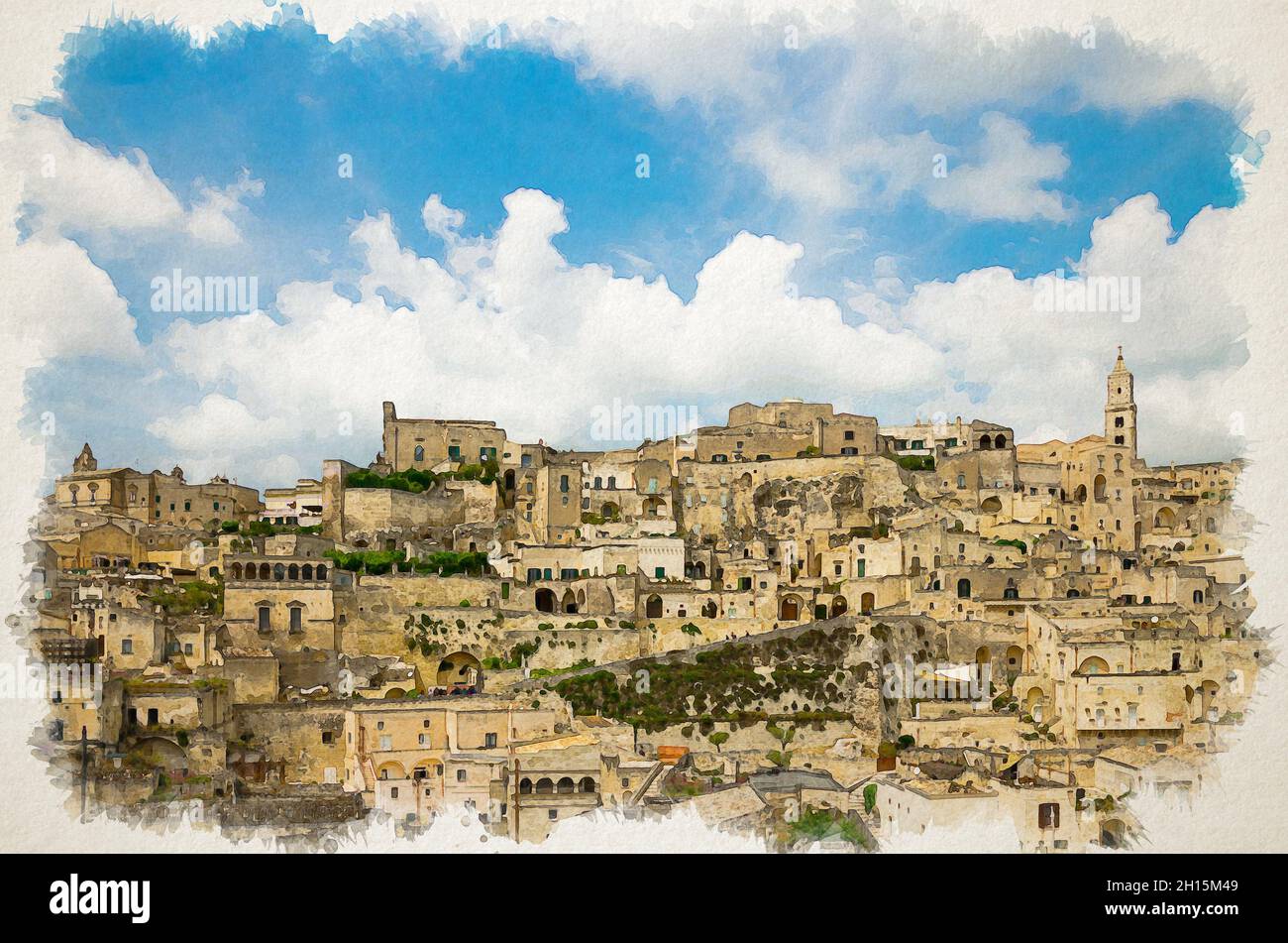 Watercolor drawing of Sassi di Matera panoramic view of historical ...