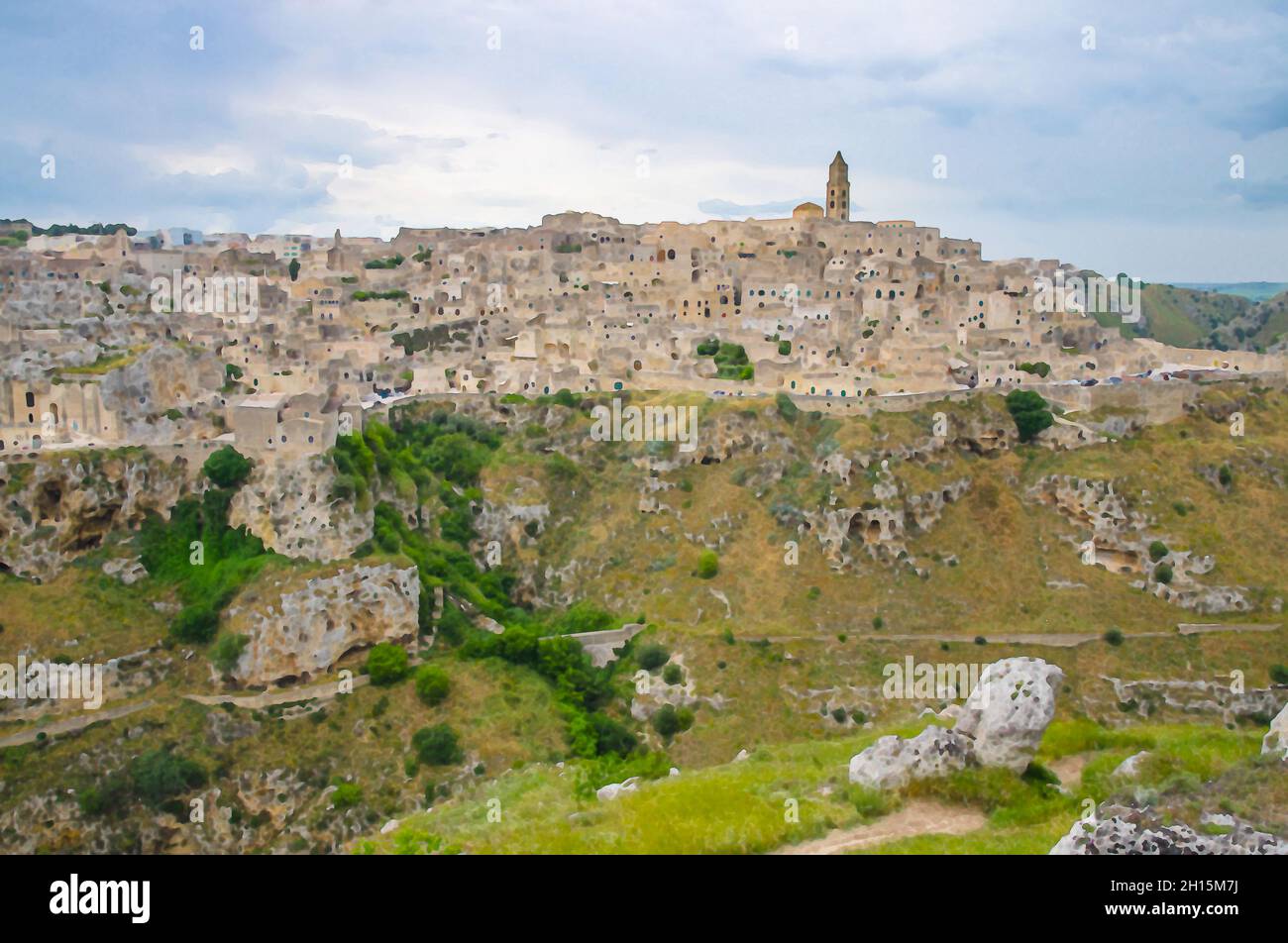 Watercolor drawing of Matera panoramic view of historical centre Sasso ...