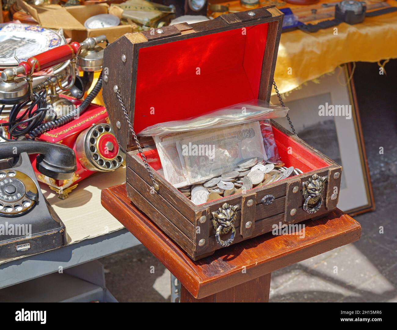 Athens, Greece - May 3, 2015: Treasure chest old money antique shop at ...