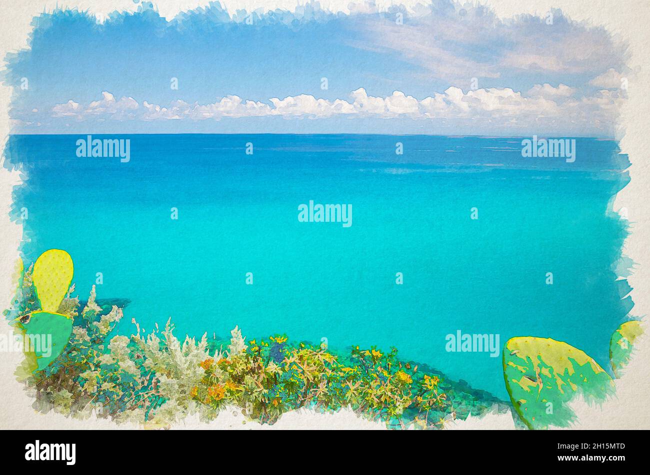 Watercolor drawing of Aerial view of beautiful amazing Tyrrhenian sea ...