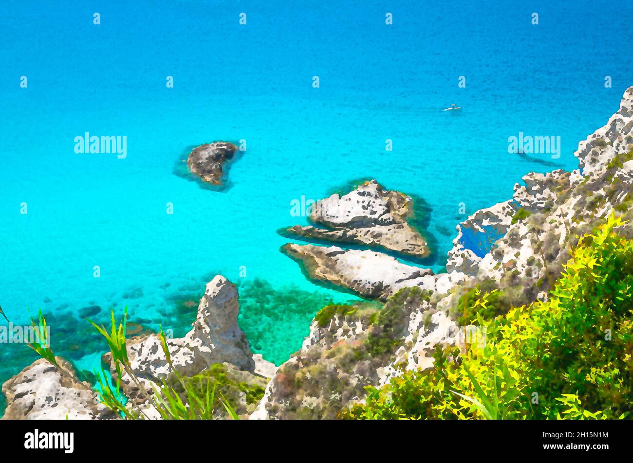 Watercolor drawing of Aerial view of amazing tropical blue azure ...