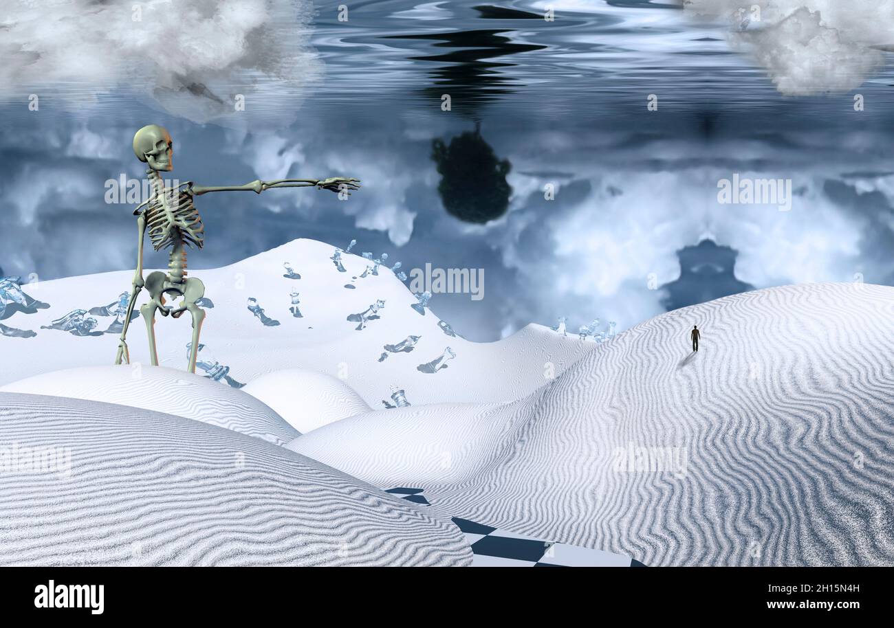 Skeleton in surreal desert landscape. 3D rendering Stock Photo - Alamy