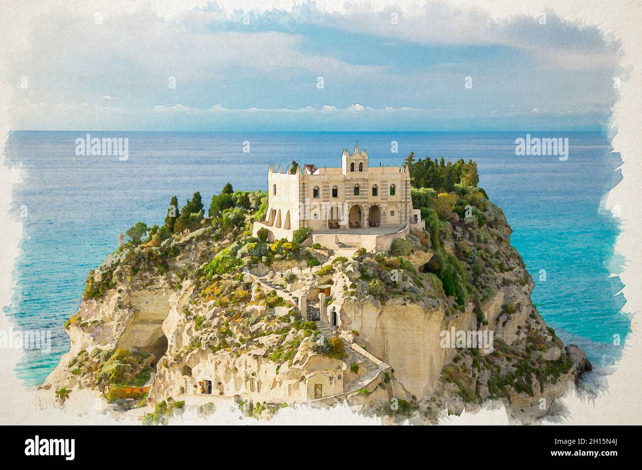 Watercolor drawing of Monastery Sanctuary church Santa Maria dell Isola ...