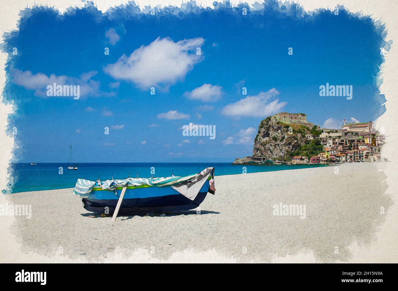 Watercolor drawing of Fishing colorful boat on sandy beach of ...