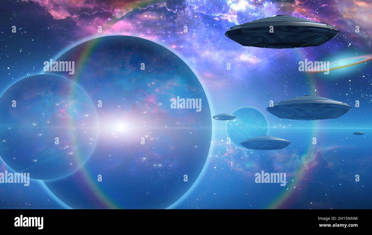 Alien fleet hovers around mysterious planet. 3D rendering Stock Photo ...