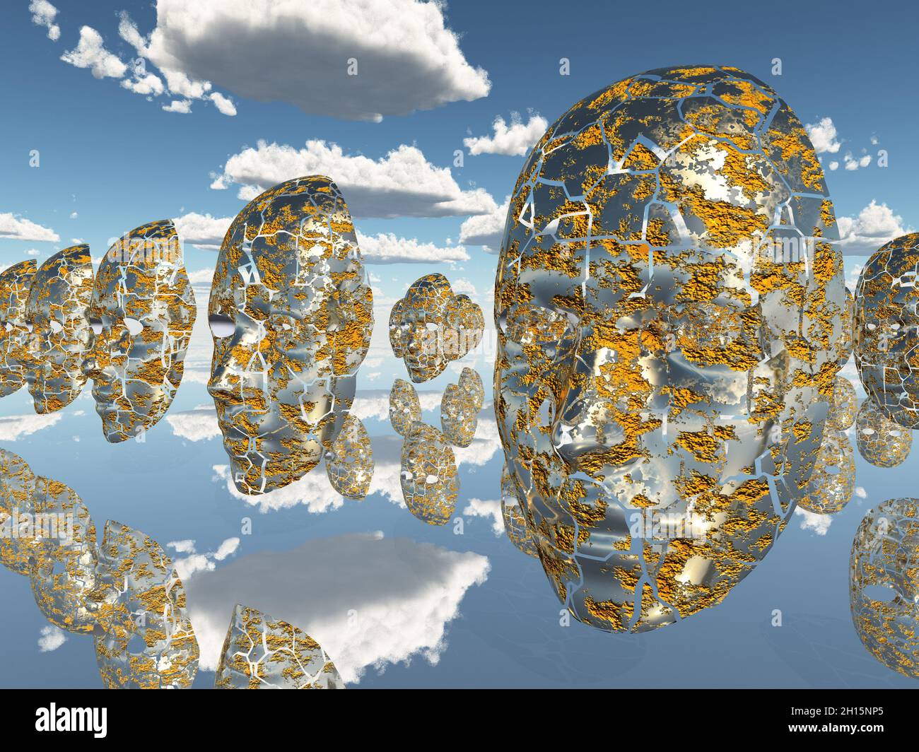 Disembodied faces or masks hover in surreal scene. 3D rendering Stock ...