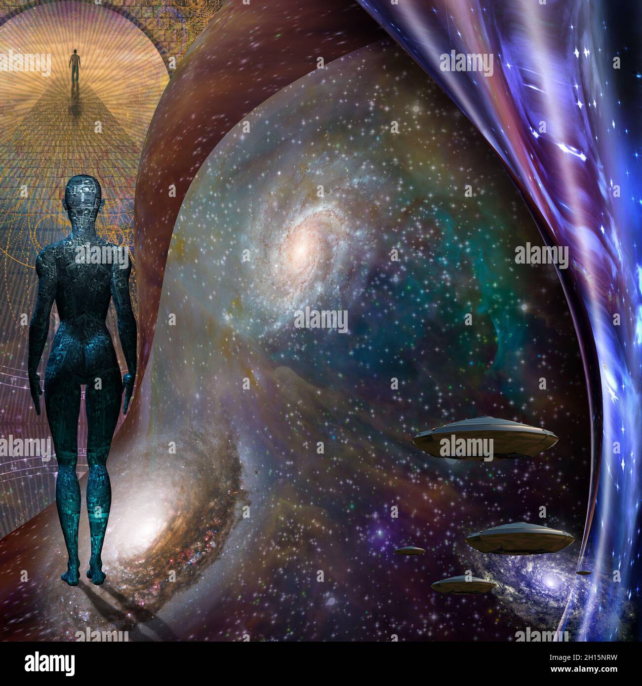 Sci-fi composition. Alien fleet and droid. Man on path to eternity. 3D ...