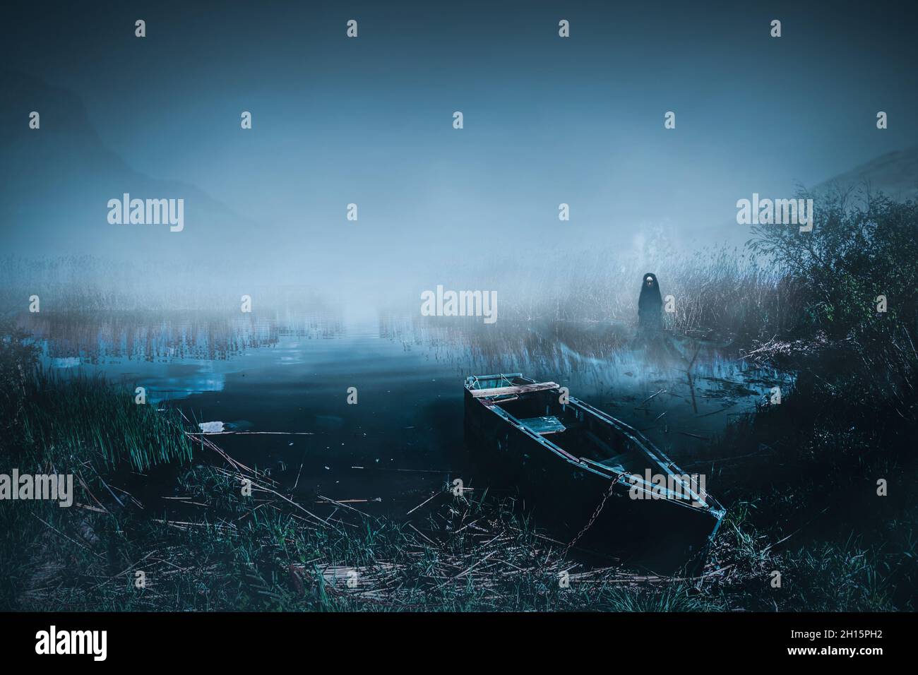 Abandoned wooden boat on haunted lake shore with female ghost spirit ...