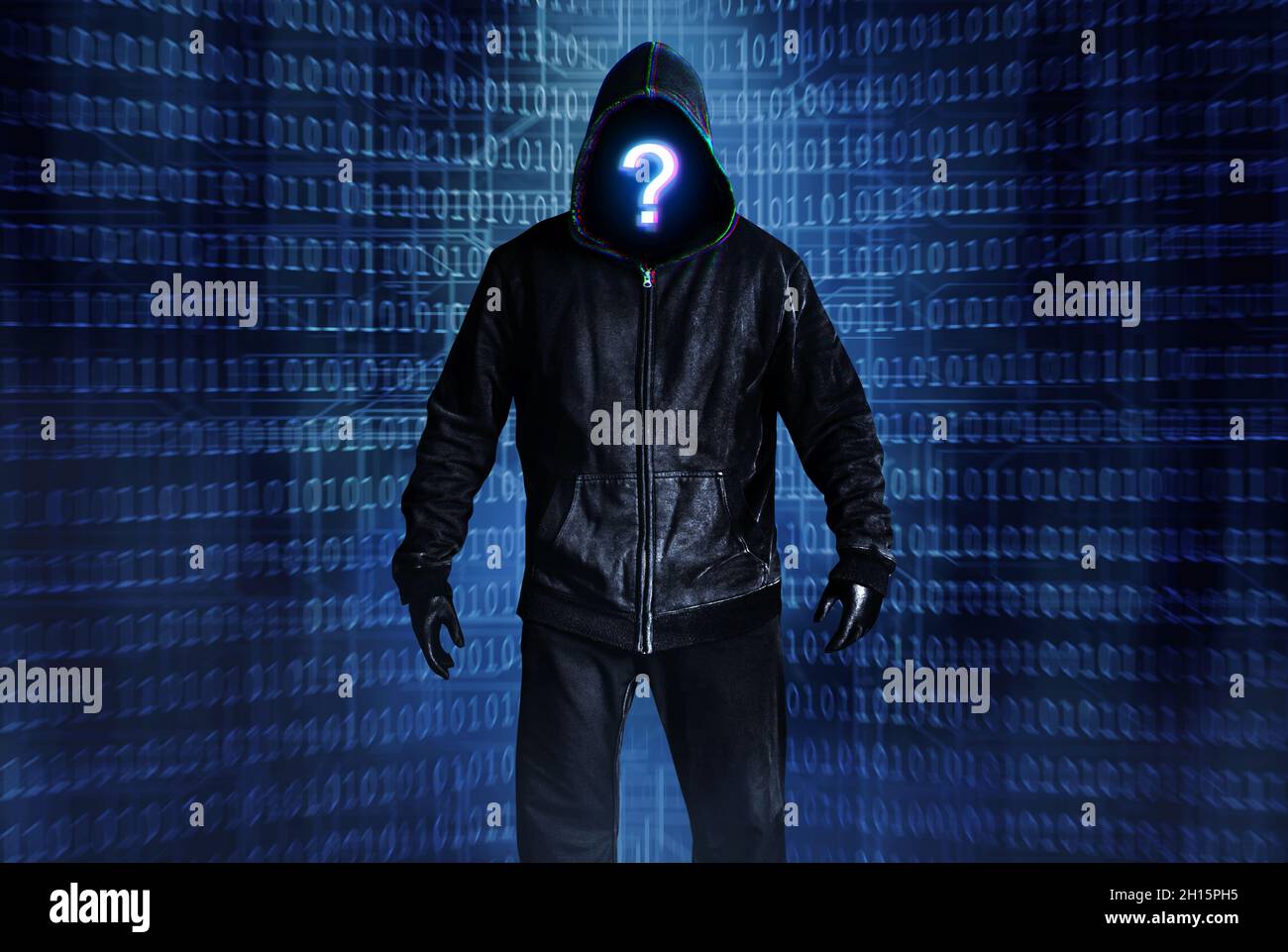 Photo of hacker person in black hood and clothing on digital binary ...