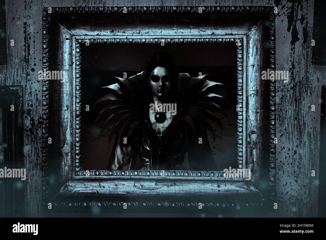 Horror scary illustration of framed picture with haunted ghost vampire ...