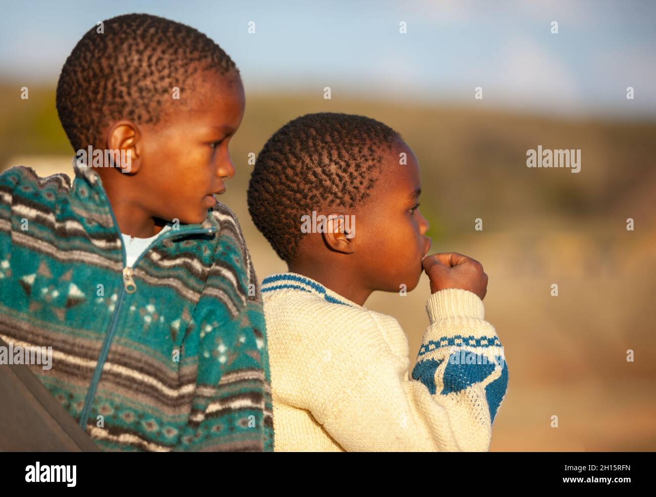 African kids in the yard of the village in Botswana, rural area ...