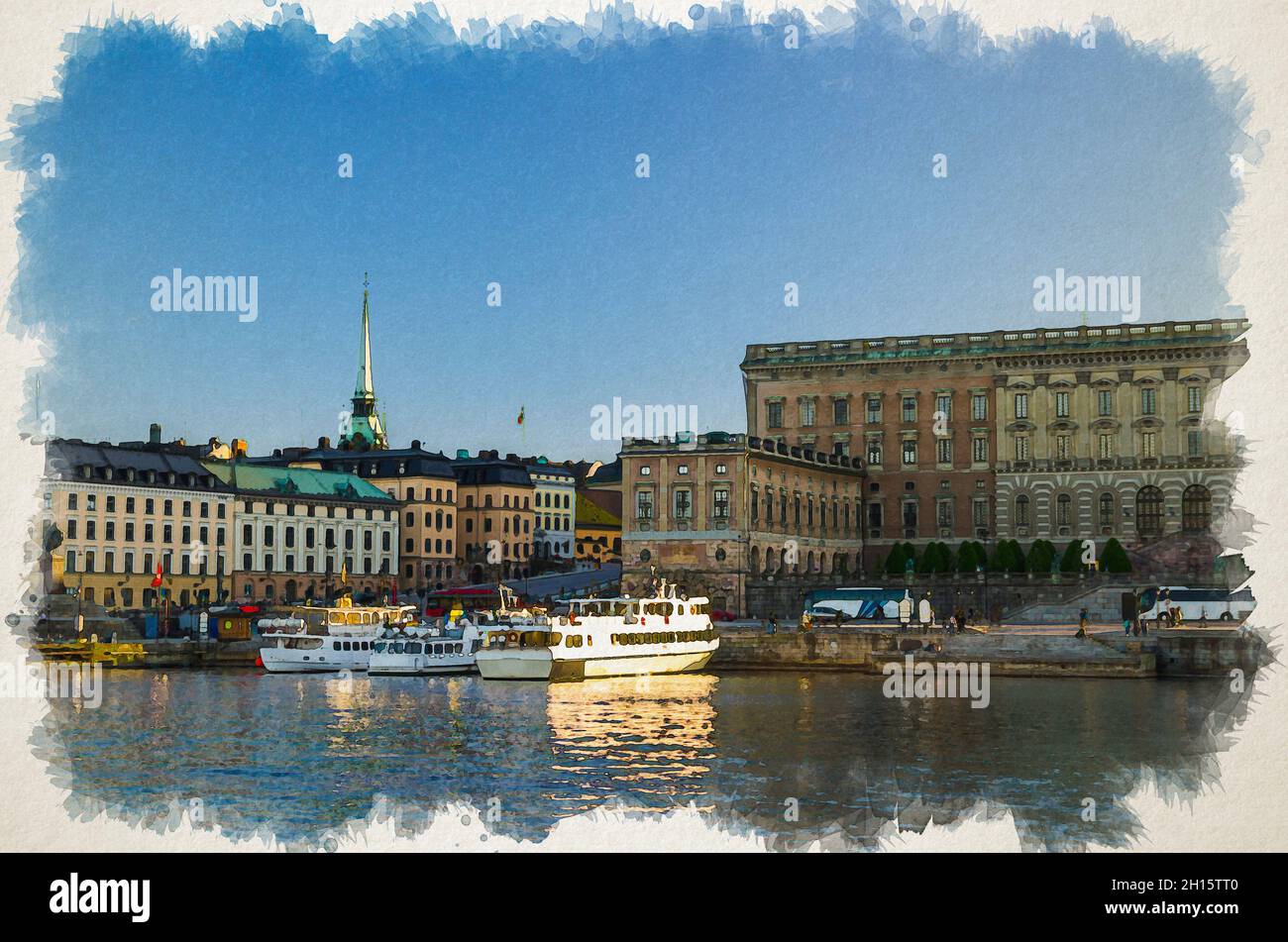 Watercolor drawing of Old historical town quarter Gamla Stan with Royal ...