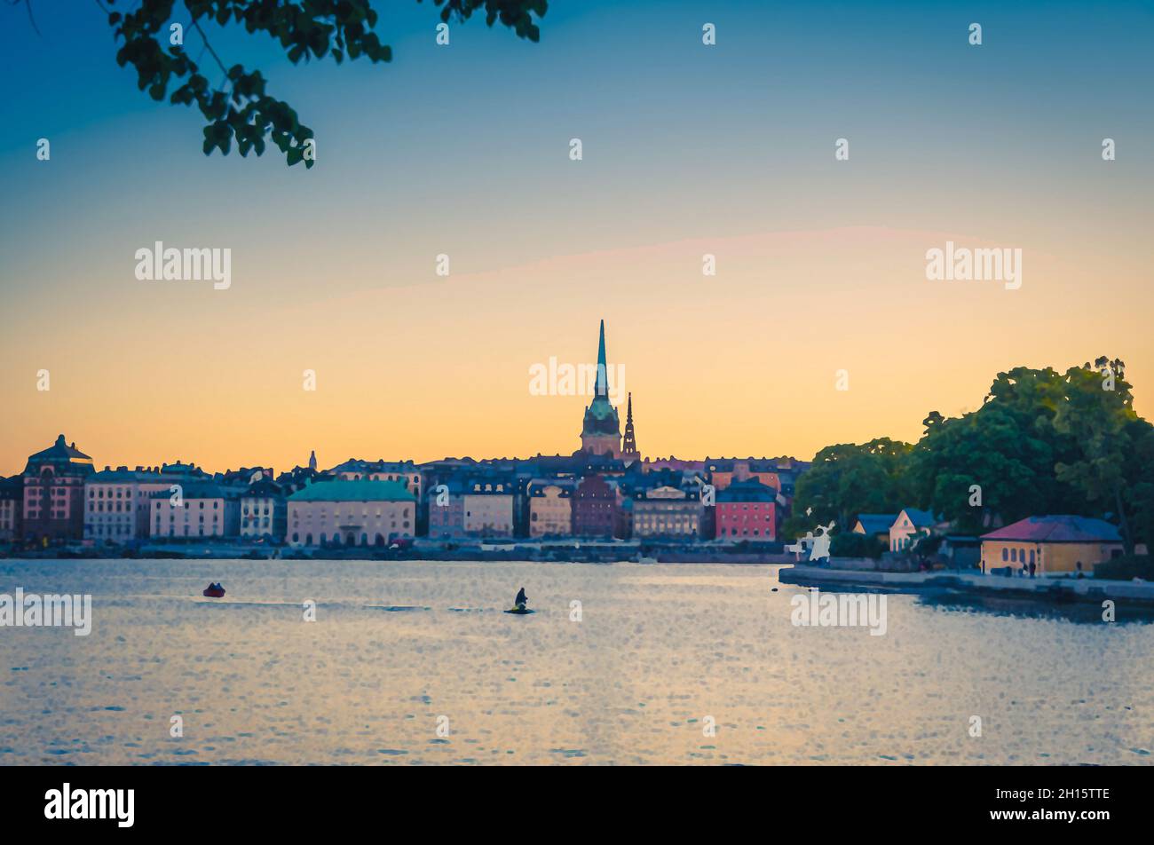 Watercolor drawing of historical town quarter Gamla Stan with ...