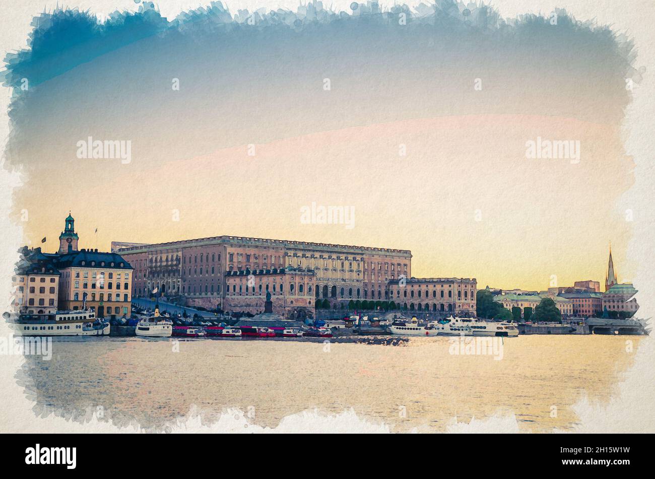 Watercolor drawing of Old historical town quarter Gamla Stan with Royal ...