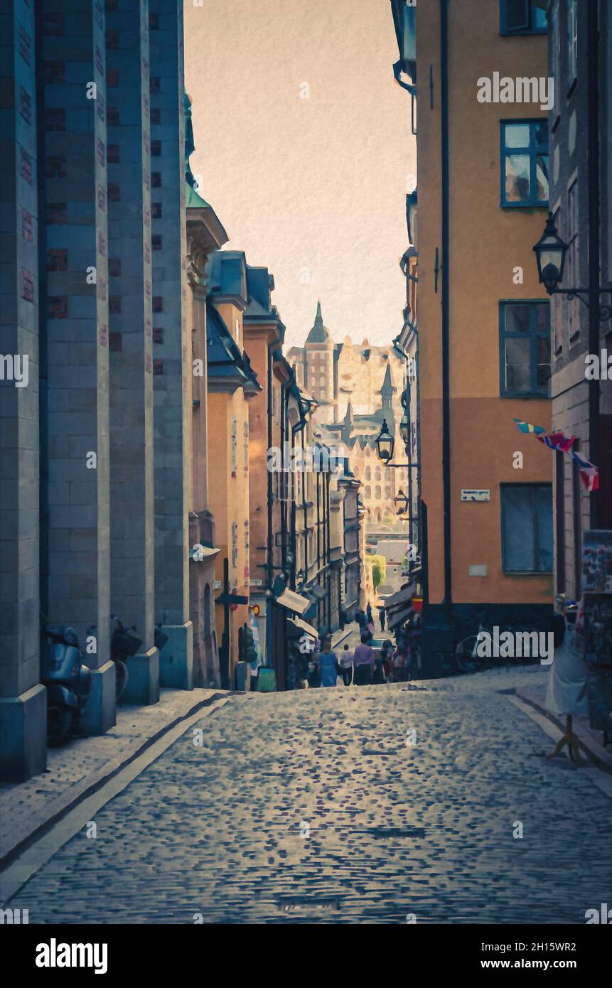 Watercolor drawing of Traditional typical narrow streets with paving ...