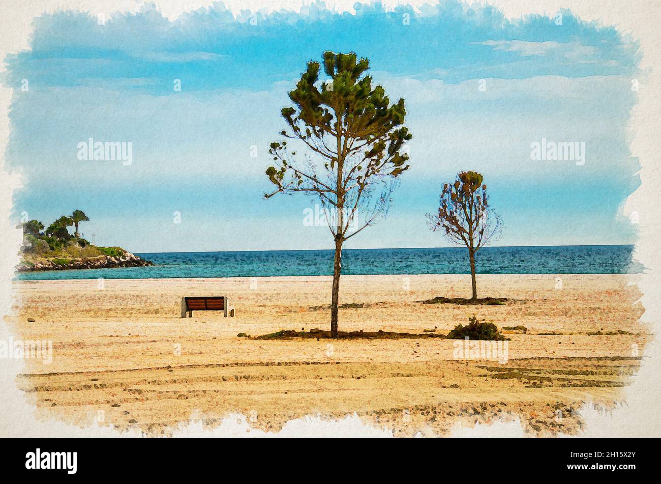 Watercolor drawing of Sandy beach with trees and bench on the shore of ...