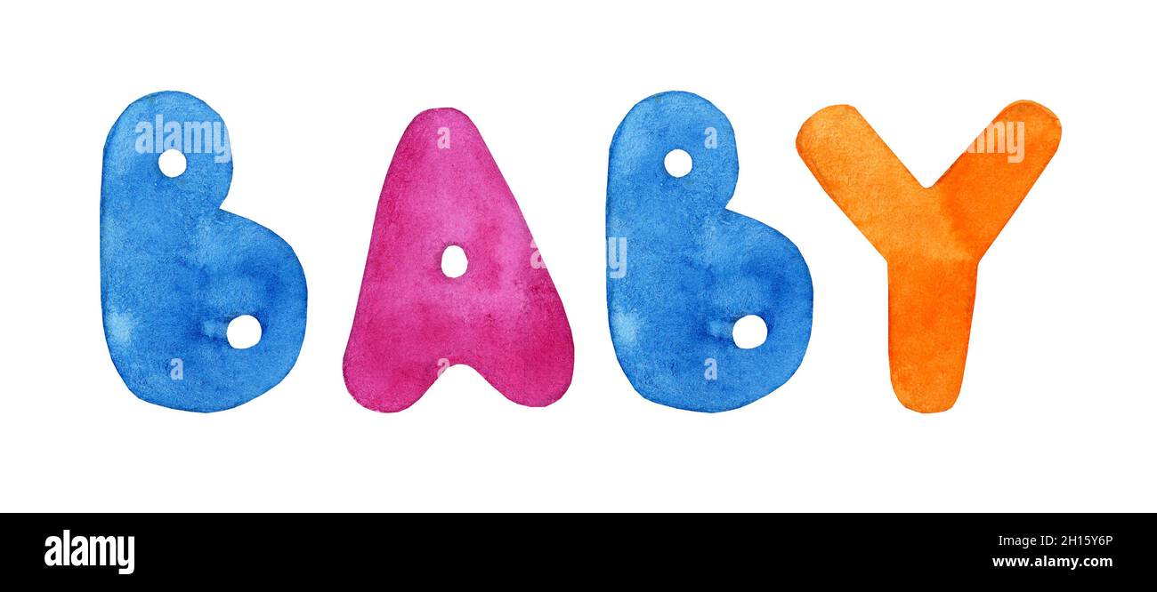 Watercolor illustration of Baby lettering doodle. Multicolored text ...