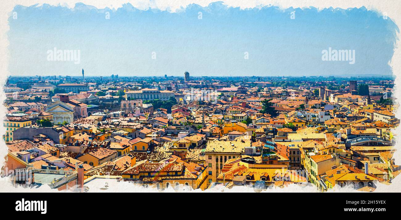 Watercolor drawing of Aerial panoramic view of Verona city historical ...