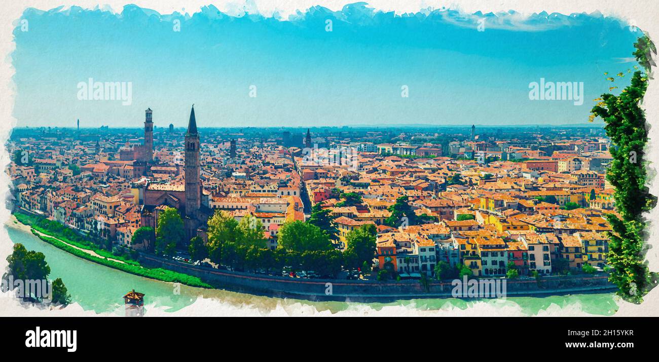 Watercolor drawing of Panorama of Verona historical city centre ...
