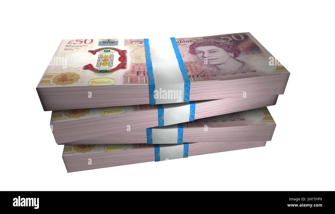 3D Illustration of 50 England Pounds Banknotes Money Stack on White ...