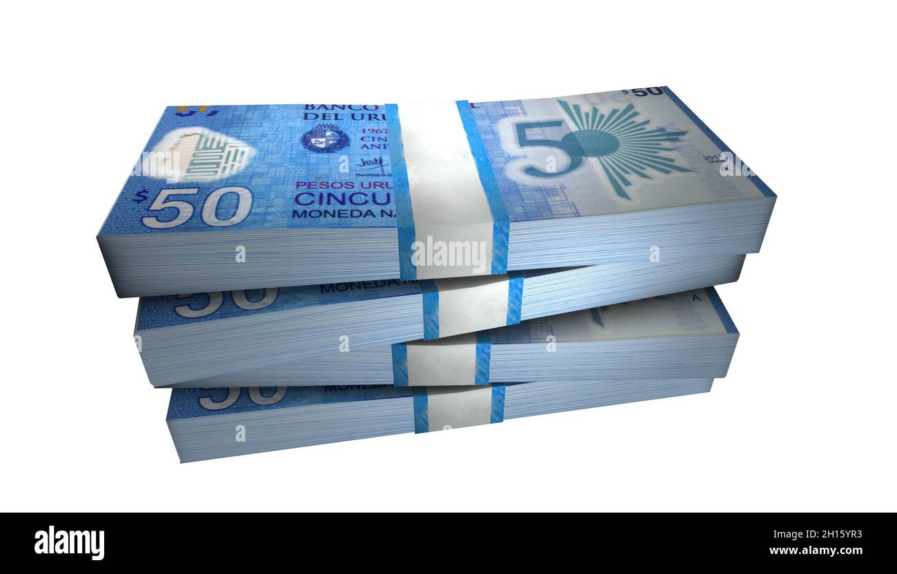 3D Illustration of 50 Uruguay Pesos Banknotes Money Stack on White ...