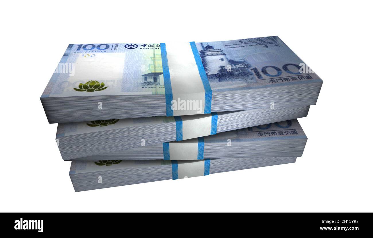 3D Illustration of 100 Macao Patacas Banknotes Money Stack on White ...