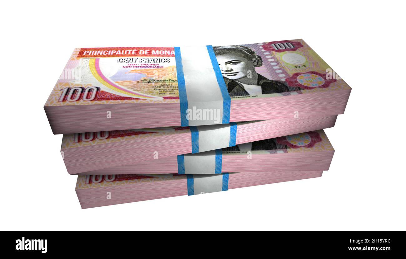 3D Illustration of 100 Monaco Francs Banknotes Money Stack on White ...