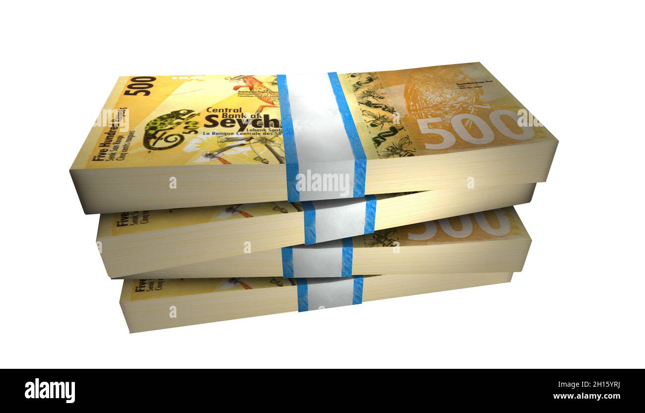 3D Illustration of 500 Seychelles Rupees Banknotes Money Stack on White ...