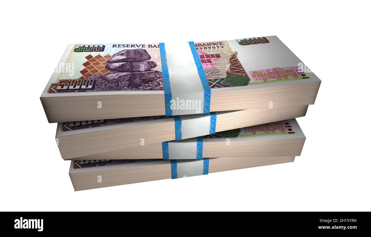 3D Illustration of 500 Zimbabwe Dollars Banknotes Money Stack on White ...