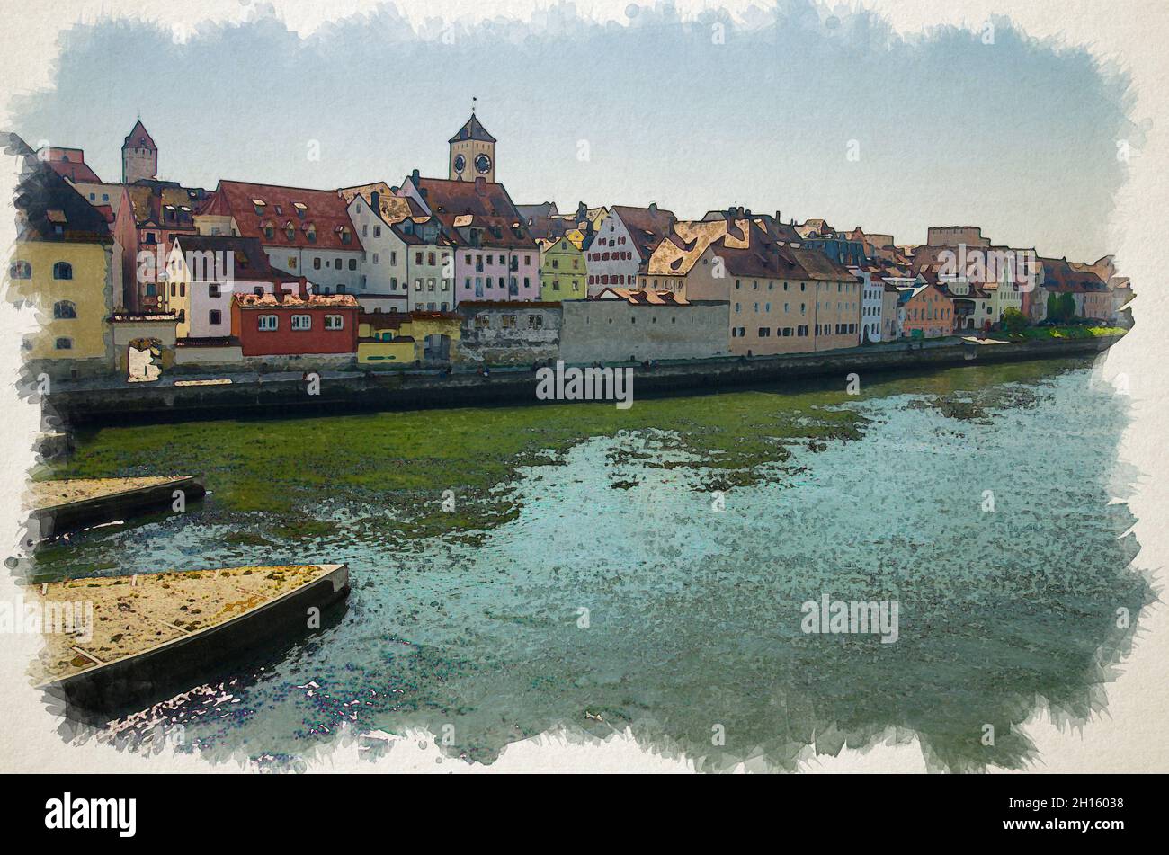 Watercolor drawing of View of the old town of Regensburg, colourful ...