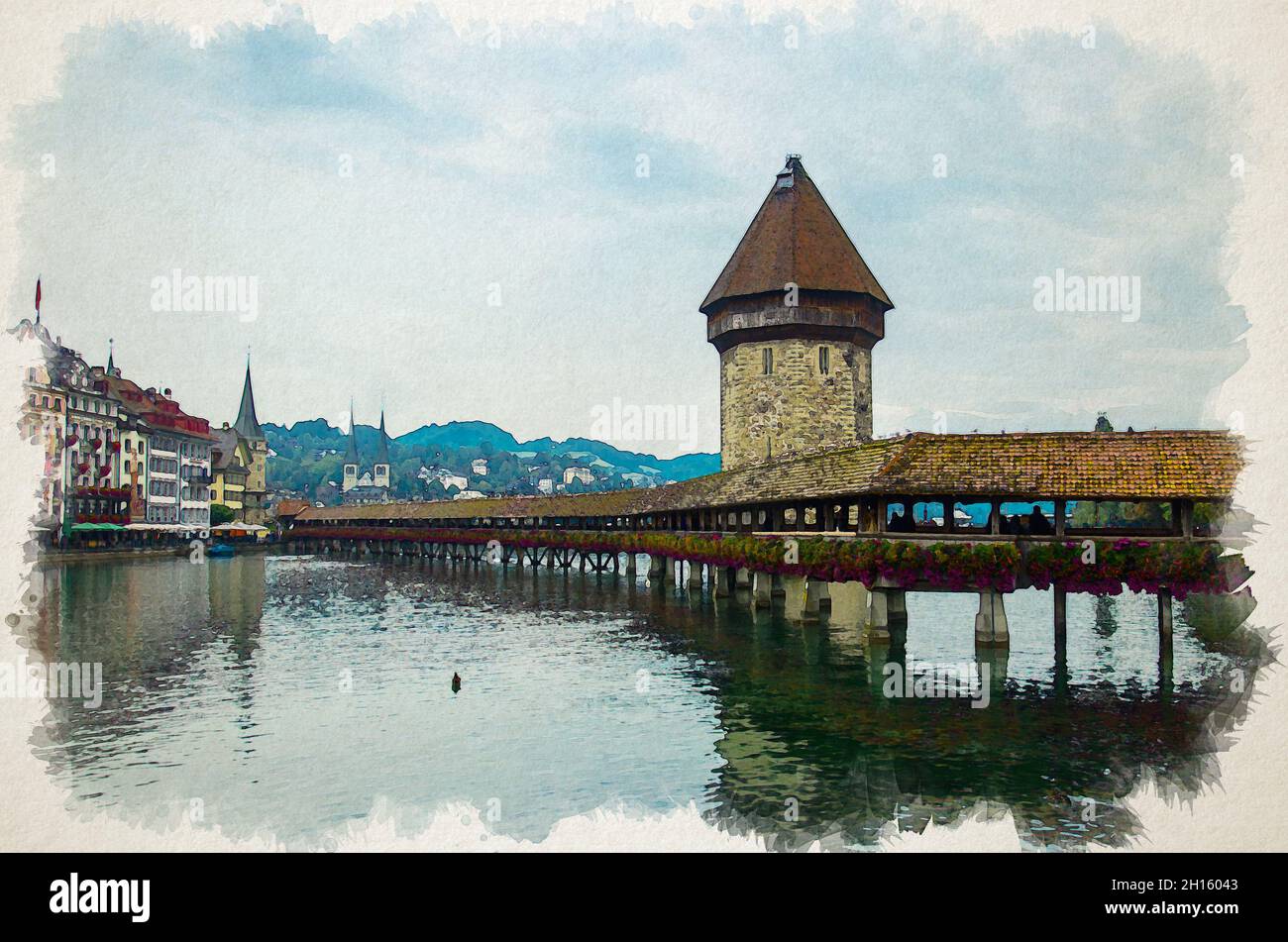 Watercolor drawing of View of historic city center of Luzern, Water ...