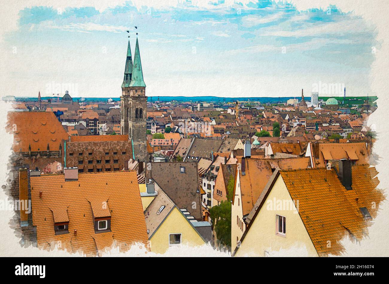 Watercolor drawing of Panoramic view with roofs of historic old city of ...