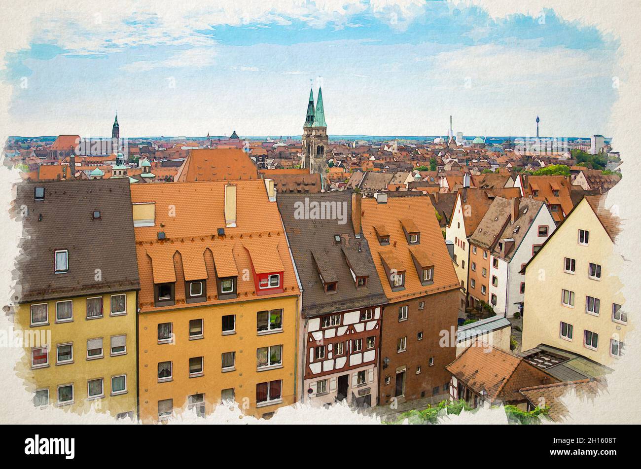 Watercolor drawing of Panoramic view with roofs of historic old city of ...