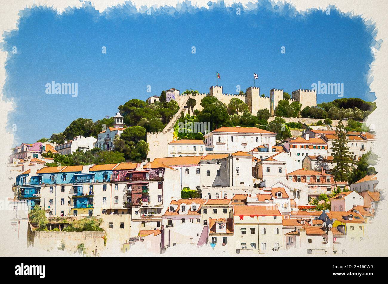 Watercolor drawing of panoramic view of Lisbon in summer, Lisbon ...