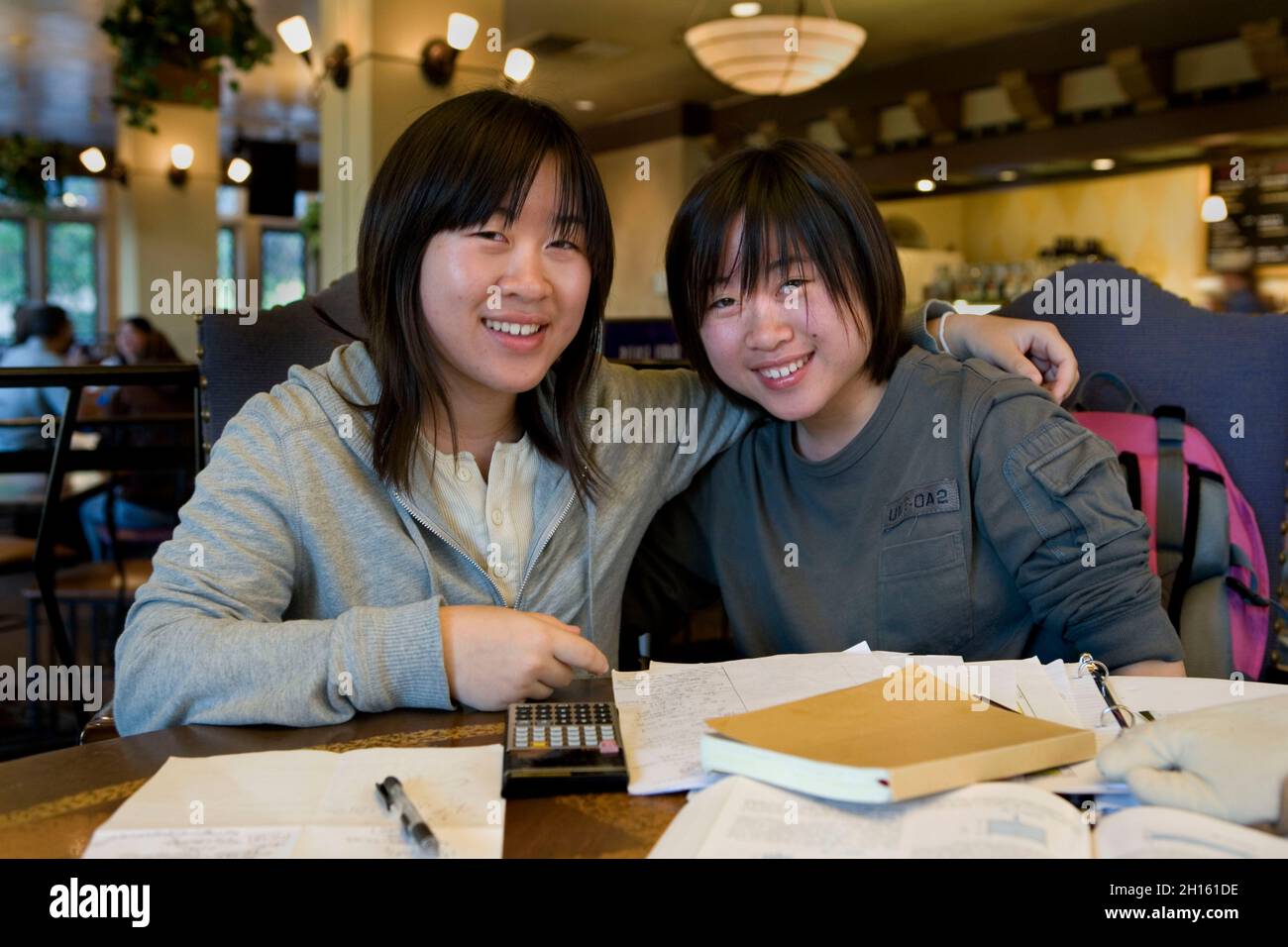 Chinese students do homework in campus cafe MR - Model Released Stock ...