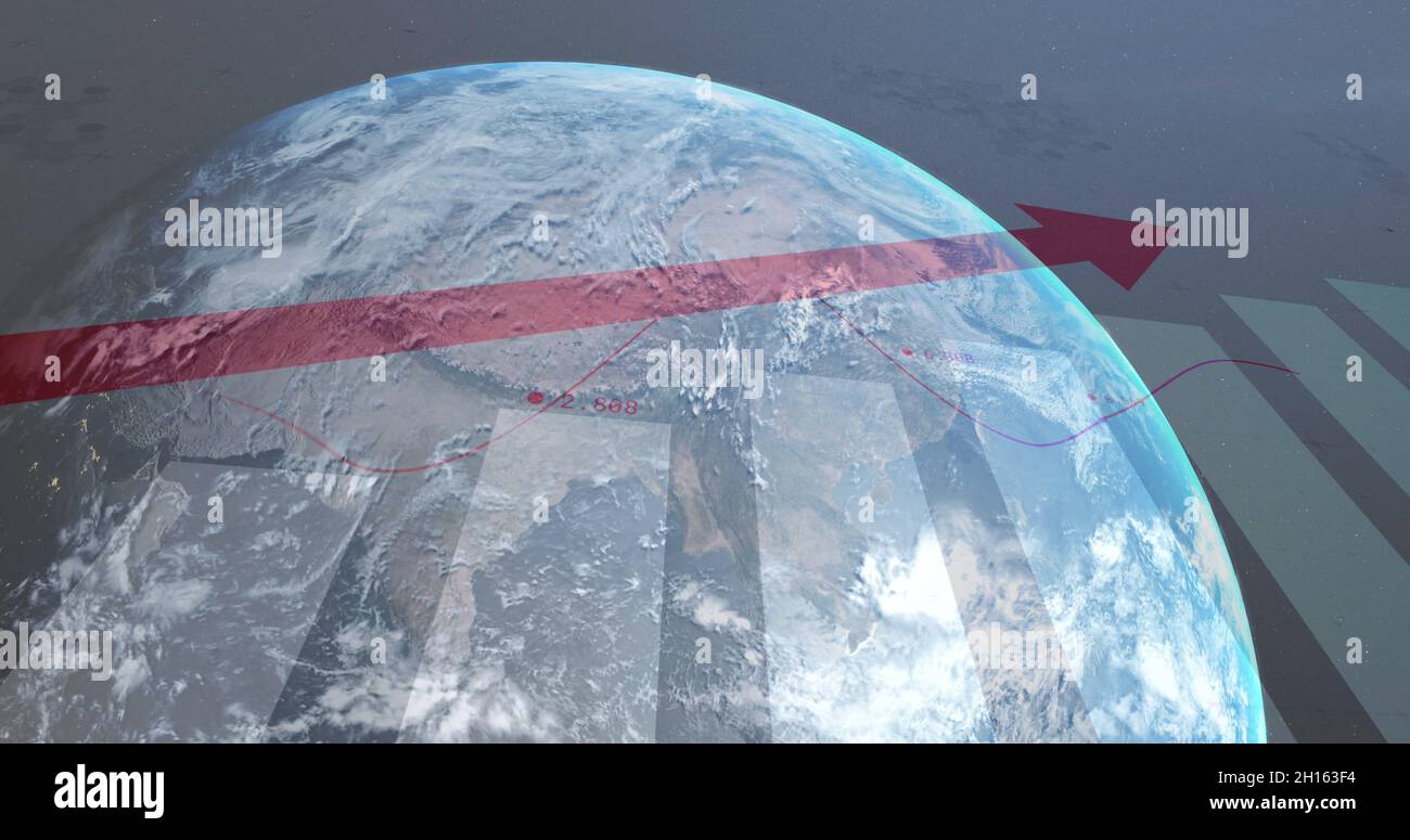 Image of red arrow pointing up with statistics recording over globe ...