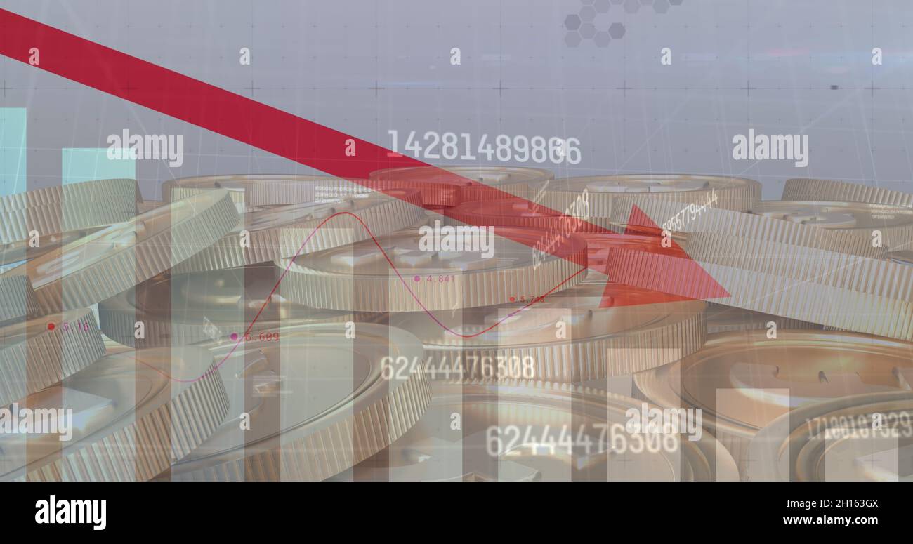 Image of numbers changing and data processing red arrow pointing down over gold coins Stock ...
