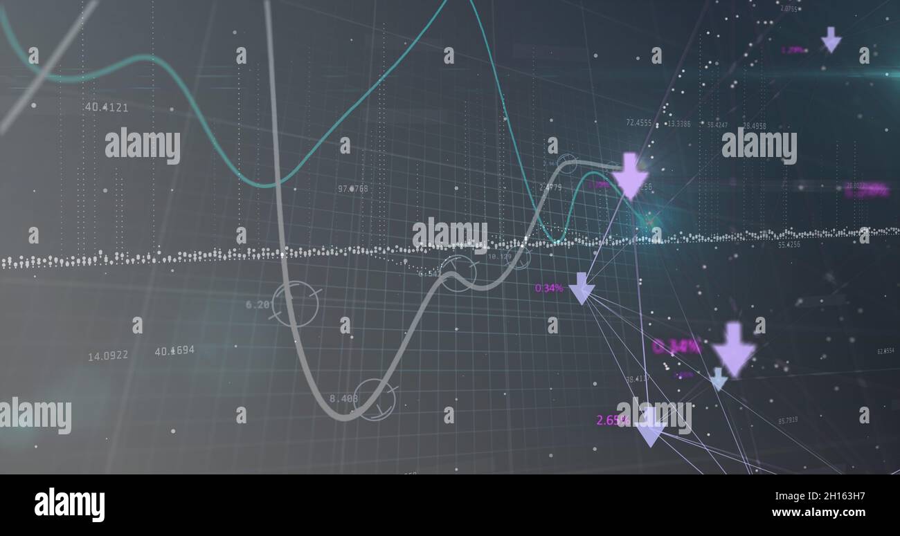Image of lines and numbers changing, arrows and data processing over grid Stock Photo - Alamy
