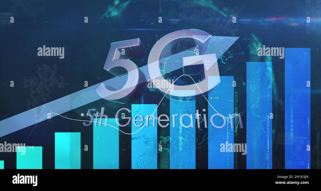 Image of 5g 5th generation text over statistics processing with blue arrow pointing up Stock ...