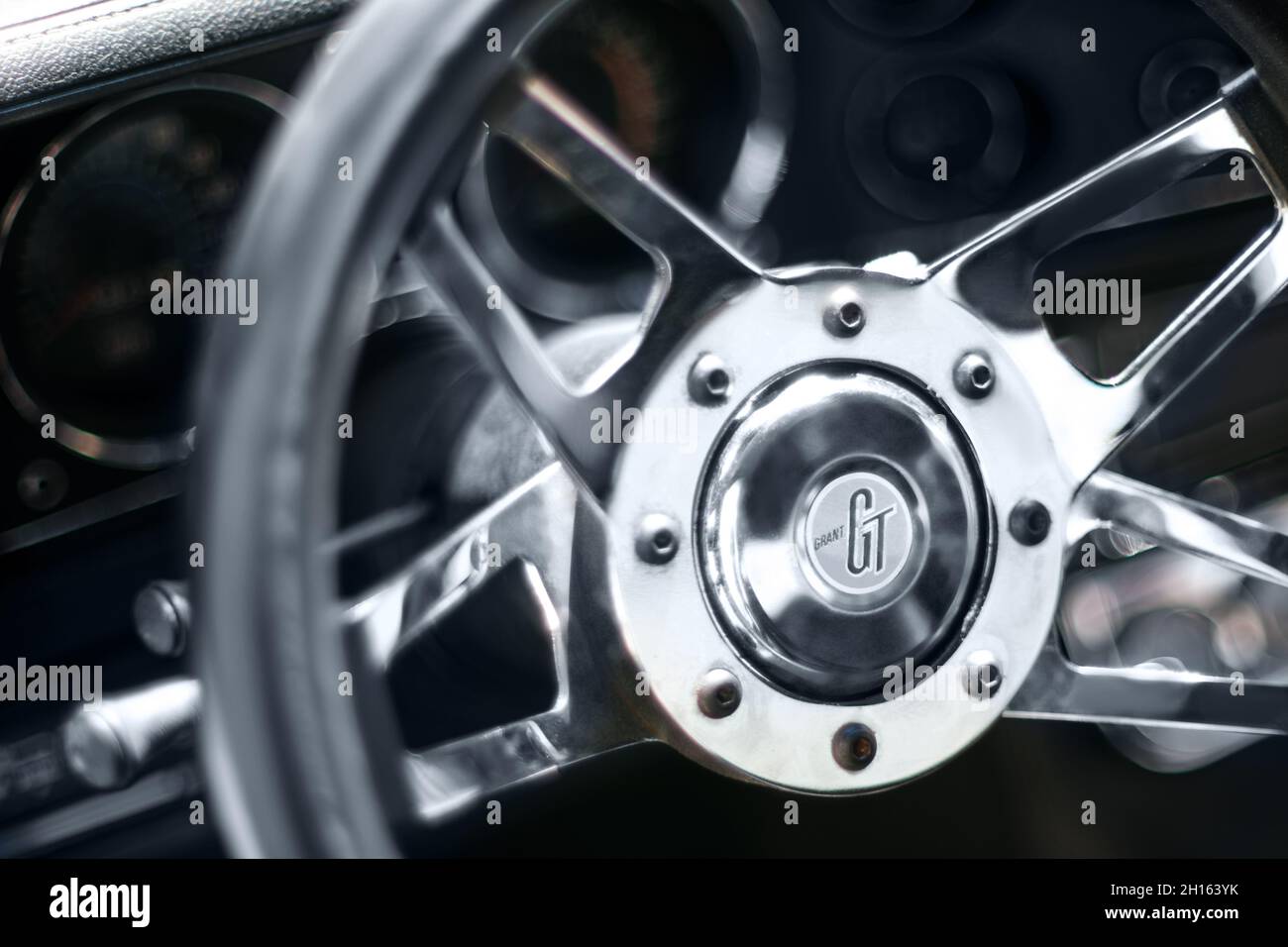 Izmir, Turkey - June 21, 2021: Close up shot steering wheel of a 1974 ...