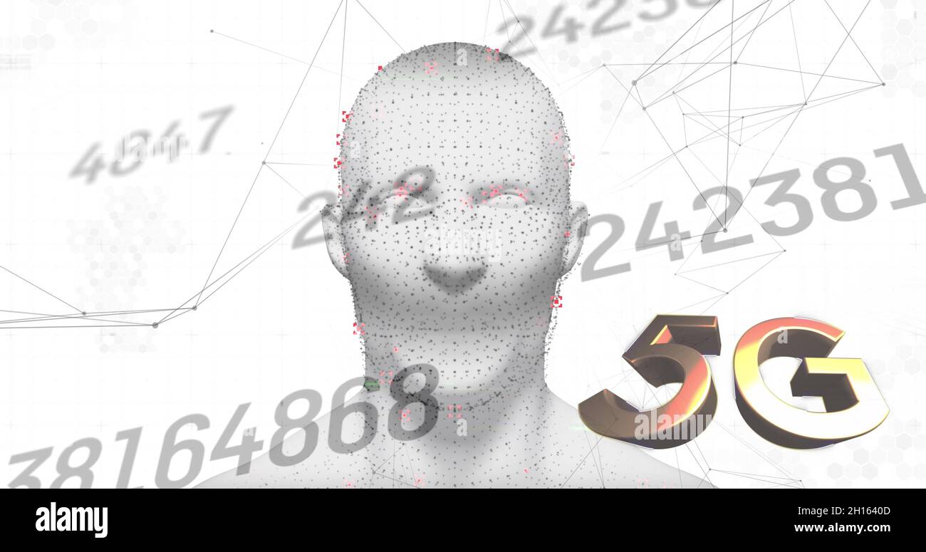 Image of 5g text over human head and numbers changing with network of connections in background ...