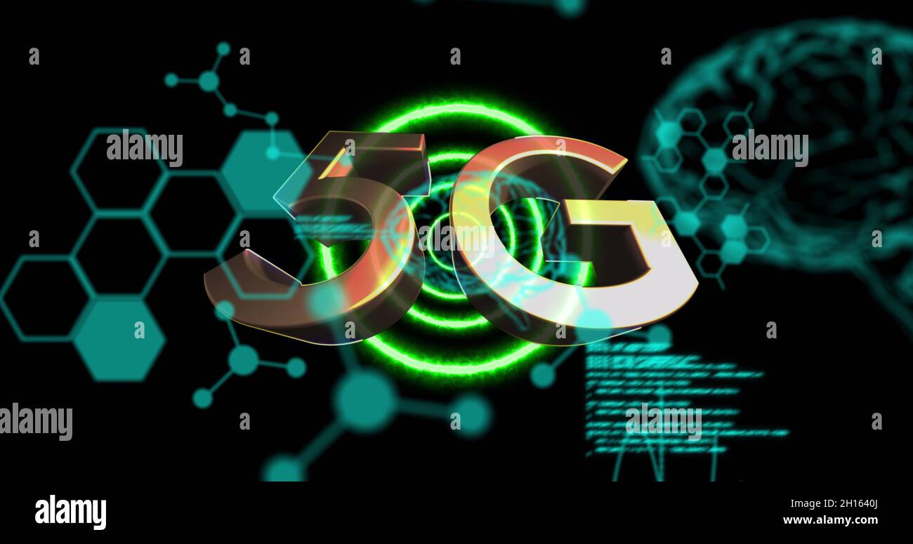 Image of 5g text with data processing over glowing human brains and ...